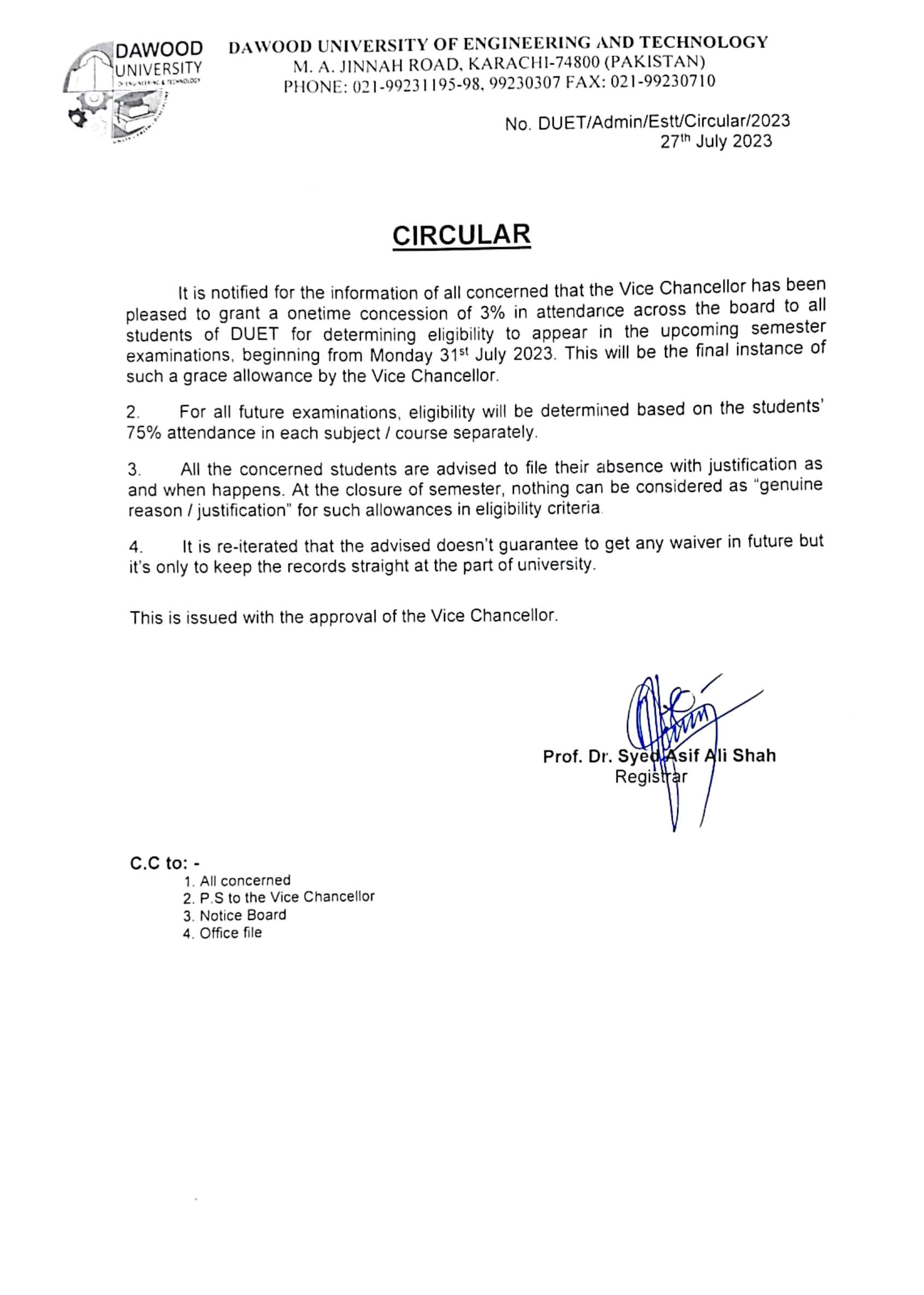 Worthy Vice Chancellor pleased to grant onetime concession of 3% in ...