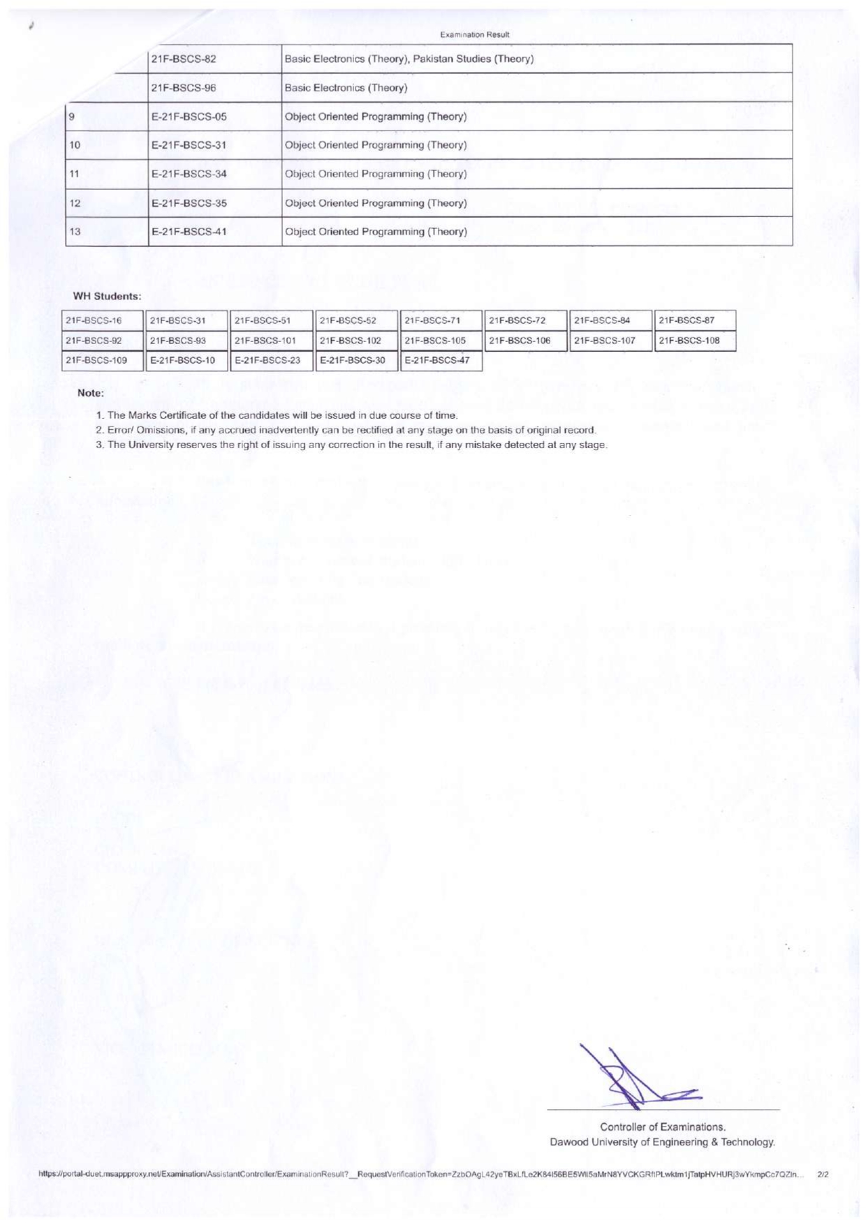 BSCS Batch 21F results – Dawood University of Engineering & Technology Karachi