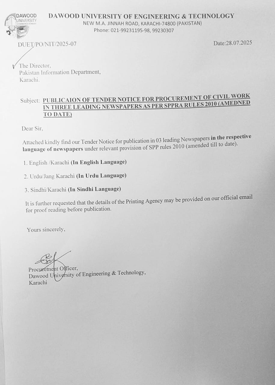 PID Letter – Dawood University of Engineering & Technology Karachi